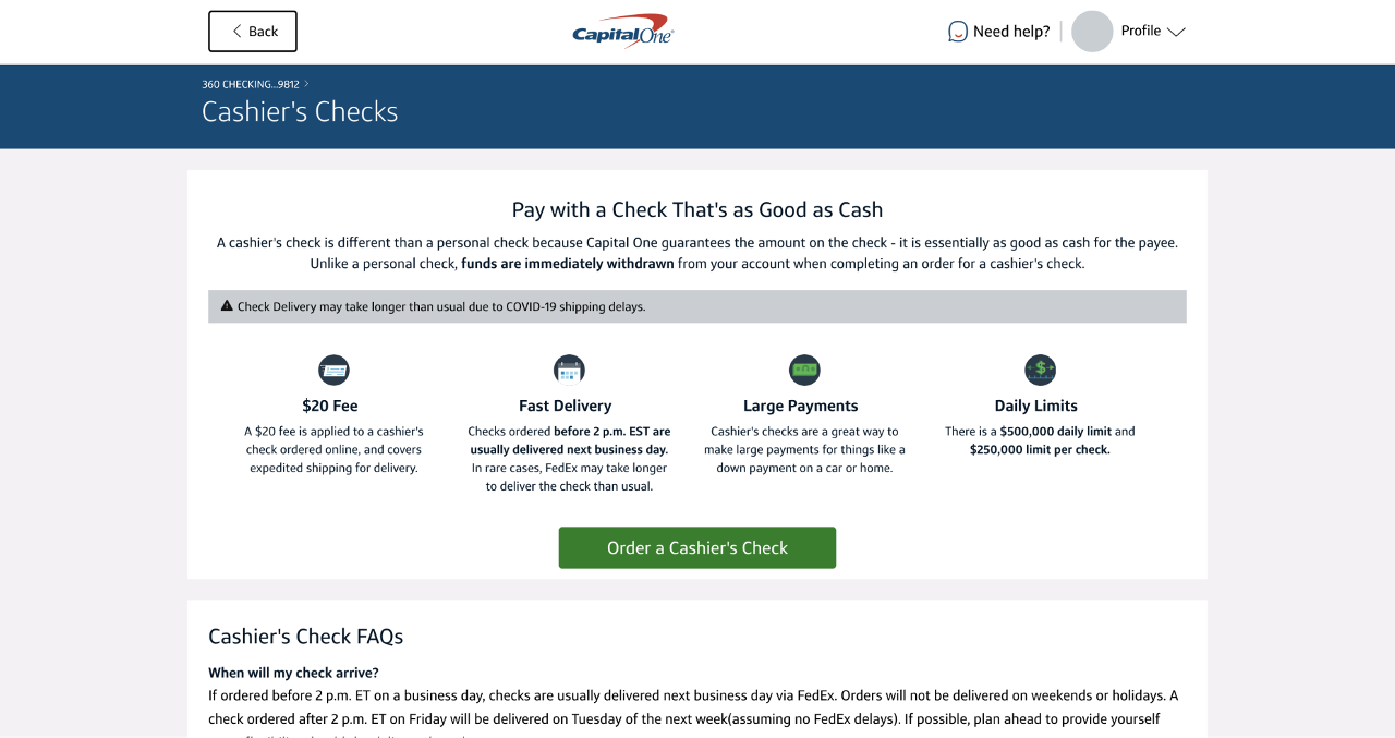 How to Get a Cashier's Check | Capital One Help Center