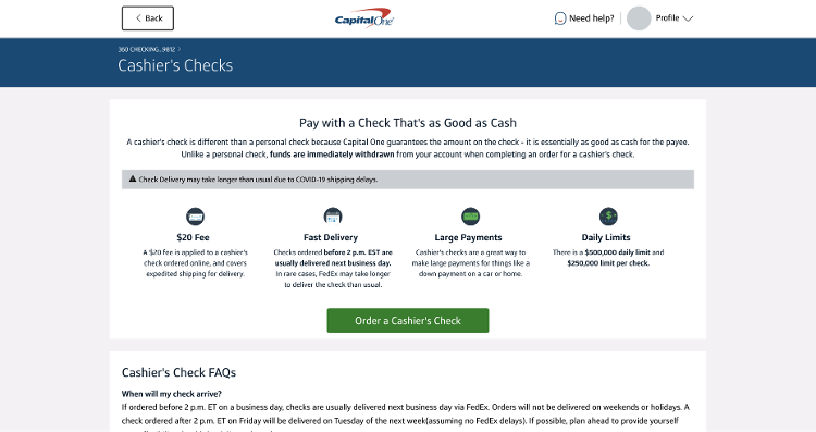 How to Get a Cashier's Check | Capital One Help Center
