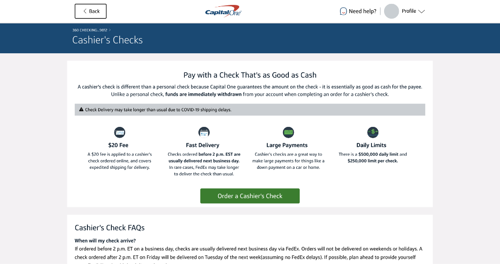How to Get a Cashier's Check | Capital One Help Center